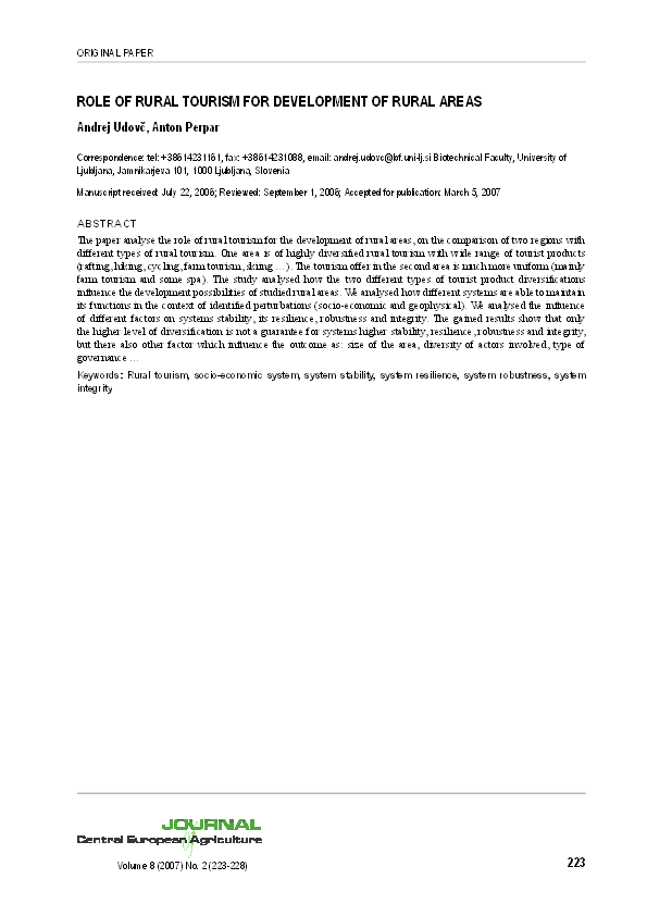 (PDF) ROLE OF RURAL TOURISM FOR DEVELOPMENT OF RURAL AREAS