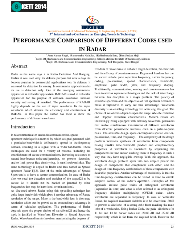 (PDF) PERFORMANCE COMPARISON OF DIFFERENT CODES USED IN RADAR