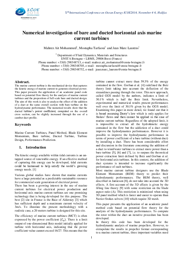 Pdf Numerical Investigation Of Bare And Ducted Horizontal Axis Marine Current Turbines