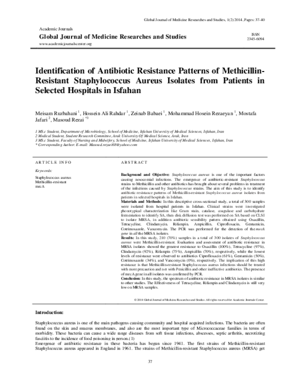 (PDF) Identification of Antibiotic Resistance Patterns of Methicillin- Resistant Staphylococcus ...
