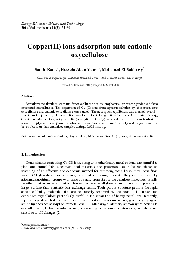 (PDF) Copper(II) ions adsorption onto cationic oxycellulose