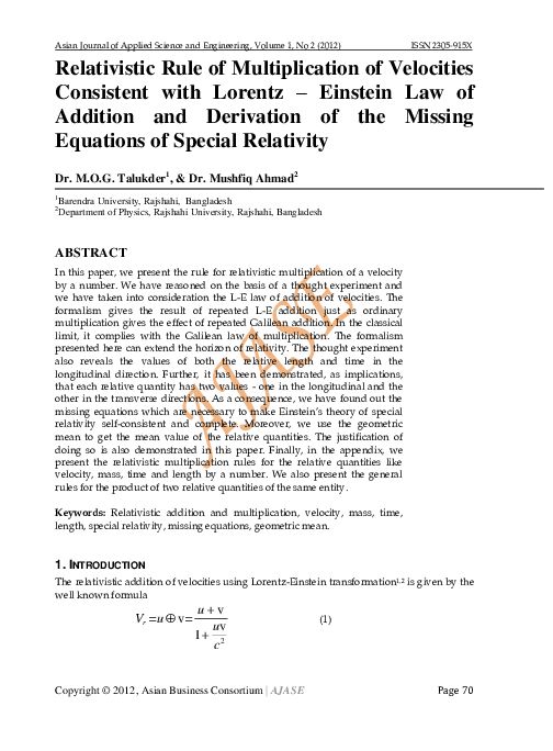 (PDF) Relativistic Rule of Multiplication of Velocities Consistent with ...