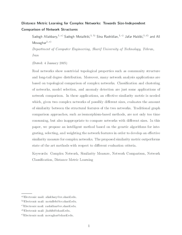 (PDF) Distance metric learning for complex networks: Towards size-independent comparison of ...