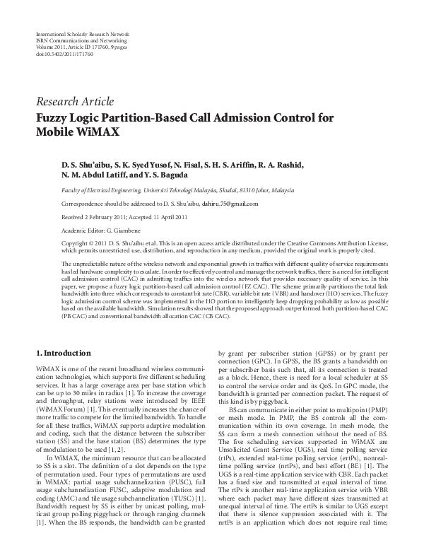 Pdf Fuzzy Logic Partition Based Call Admission Control For Mobilewimax