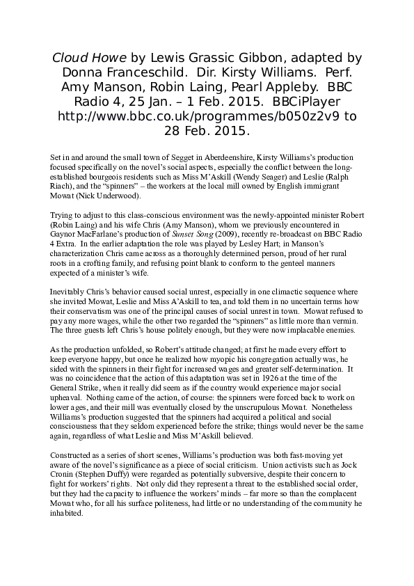 (DOC) Cloud Howe by Lewis Grassic Gibbon, dramatized by Donna ...