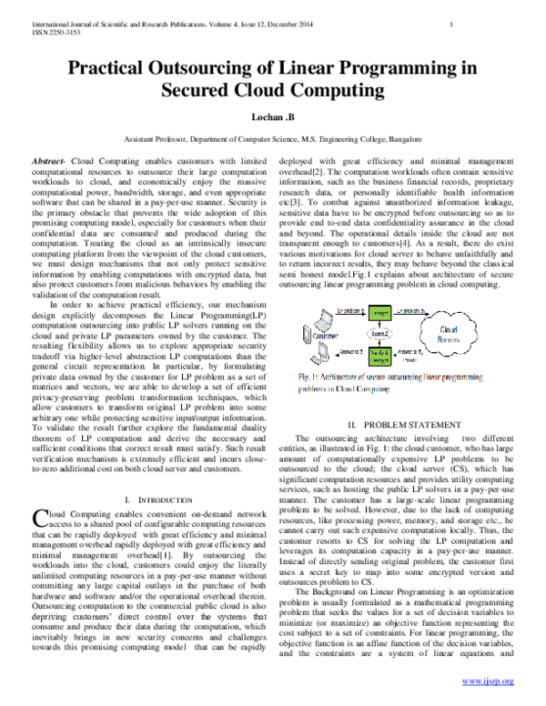 Pdf Practical Outsourcing Of Linear Programming In Secured Cloud Computing 