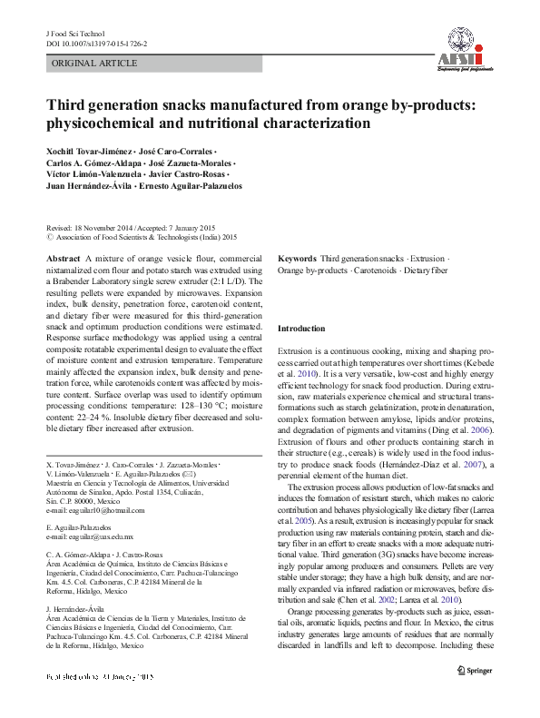 (PDF) Third generation snacks manufactured from orange by-products ...