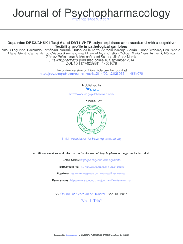 (PDF) Dopamine DRD2/ANKK1 Taq1A and DAT1 VNTR polymorphisms are ...