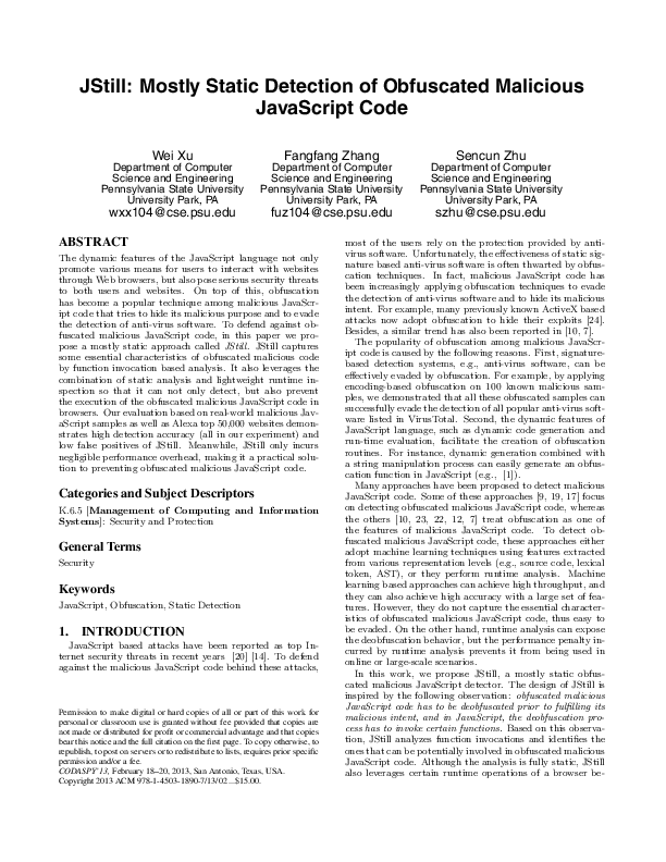 (PDF) JStill: Mostly Static Detection of Obfuscated Malicious JavaScript Code