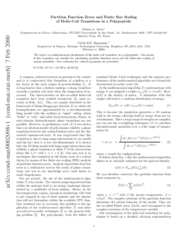 Pdf Partition Function Zeros And Finite Size Scaling Of Helix Coil
