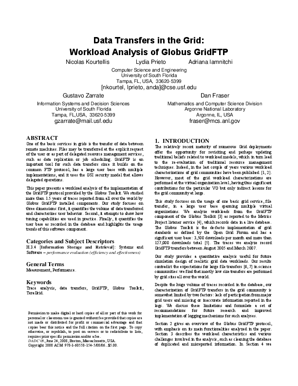 (PDF) Data transfers in the grid: workload analysis of globus GridFTP