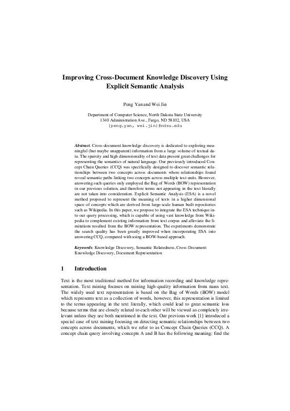 Pdf Improving Cross Document Knowledge Discovery Using Explicit Semantic Analysis