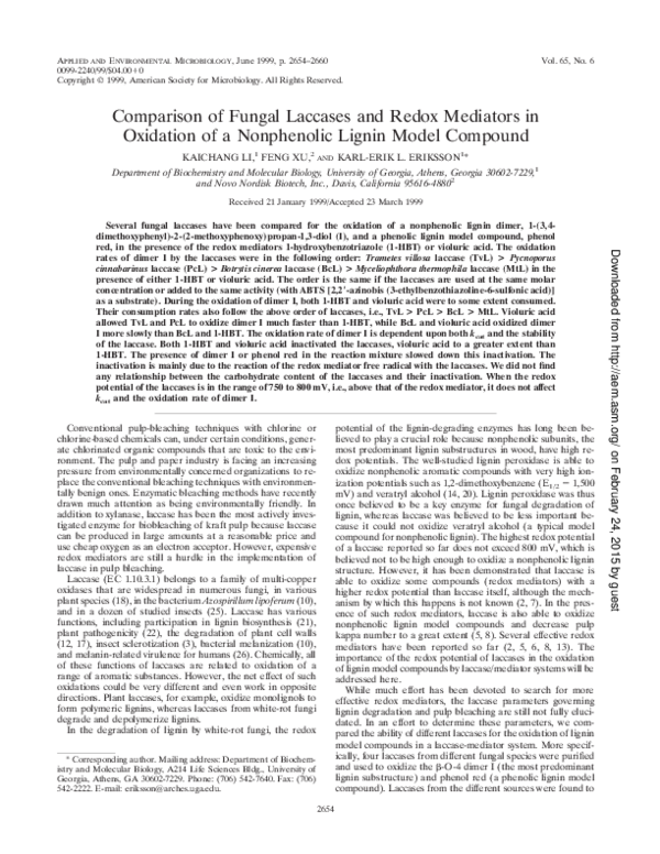 (PDF) Comparison of Fungal Laccases and Redox Mediators in Oxidation of a Nonphenolic Lignin ...