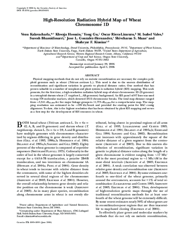 (PDF) High-Resolution Radiation Hybrid Map of Wheat Chromosome 1D