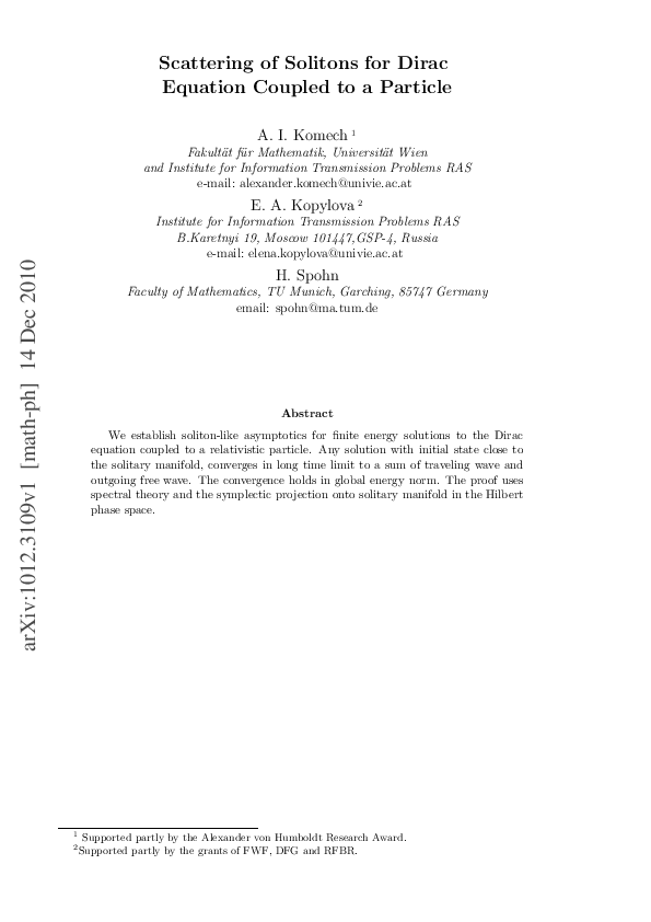 (PDF) Scattering of Solitons for Dirac Equation Coupled to a Particle