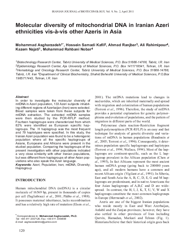 (PDF) Molecular diversity of mitochondrial DNA in Iranian Azeri ...