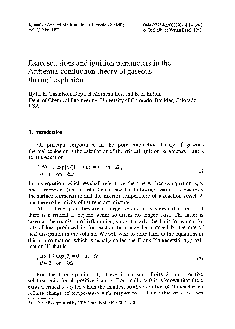 Exact solutions and ignition parameters in the Arrhenius conduction theory of gaseous thermal ...