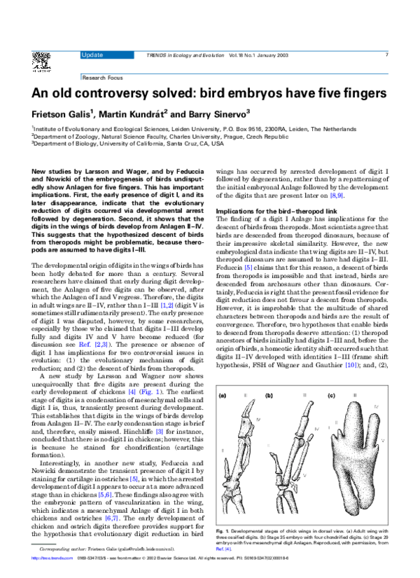 (PDF) An old controversy solved: bird embryos have five fingers (PDF) An old controversy solved: bird embryos have five fingers