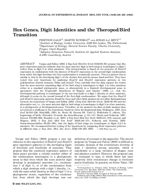 (PDF) Hox genes, digit identities and the theropod/bird transition