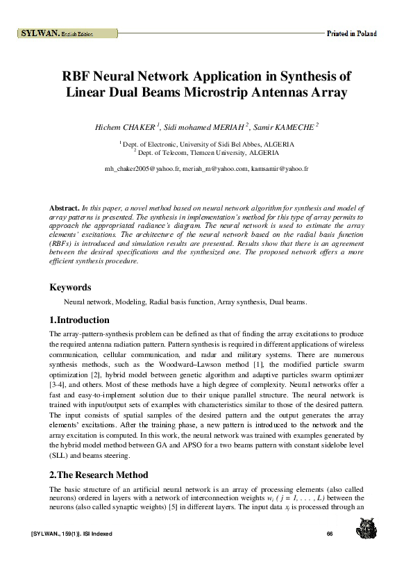 (PDF) RBF Neural Network Application in Synthesis of Linear Dual Beams Microstrip Antennas Array