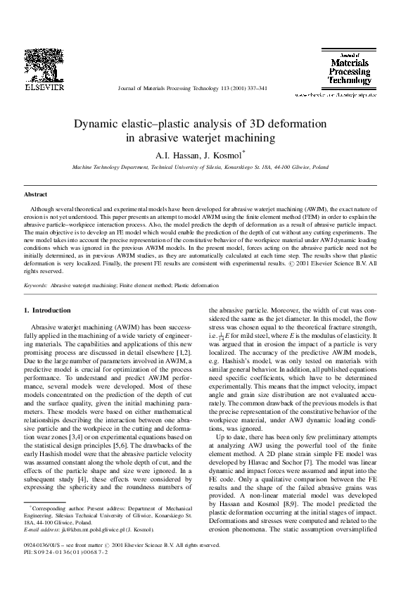 (PDF) Dynamic elastic-plastic analysis of 3D deformation in abrasive waterjet machining