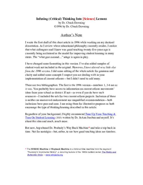 (PDF) Infusing (Critical) Thinking Into [Science] Lessons