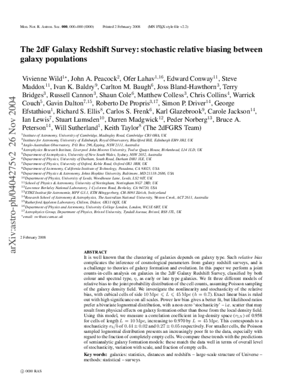 (PDF) The 2dF Galaxy Redshift Survey: stochastic relative biasing between galaxy populations