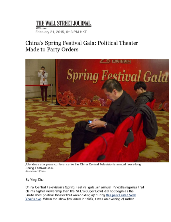 (PDF) China’s Spring Festival Gala: Political Theater Made to Party Orders