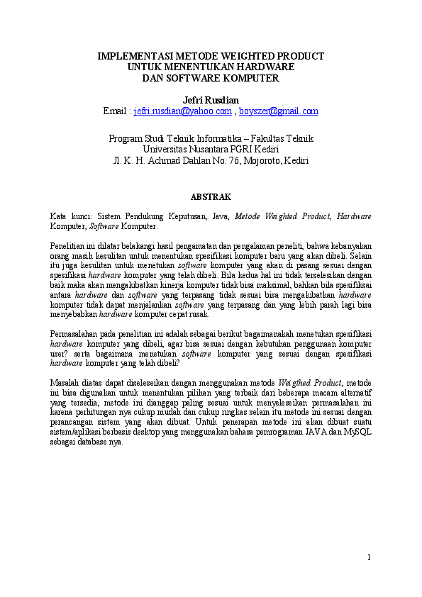 (PDF) IMPLEMENTASI METODE WEIGHTED PRODUCT UNTUK MENENTUKAN HARDWARE ...