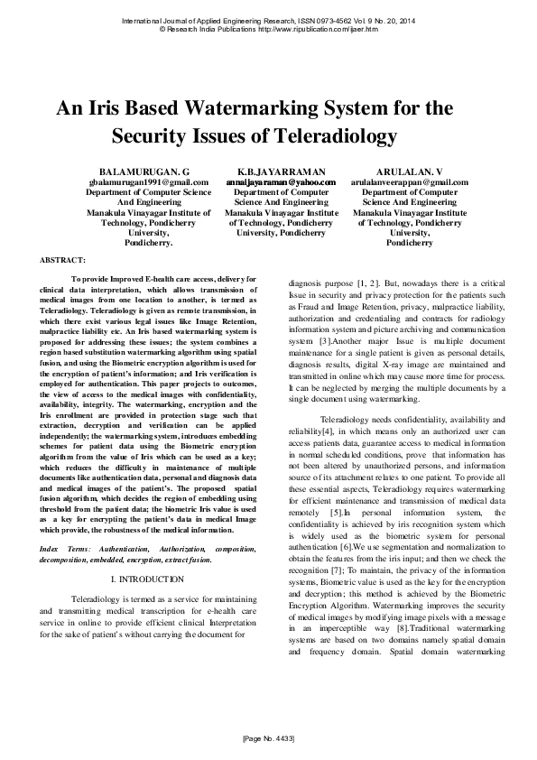 Pdf An Iris Based Watermarking System For The Security Issues Of Teleradiology