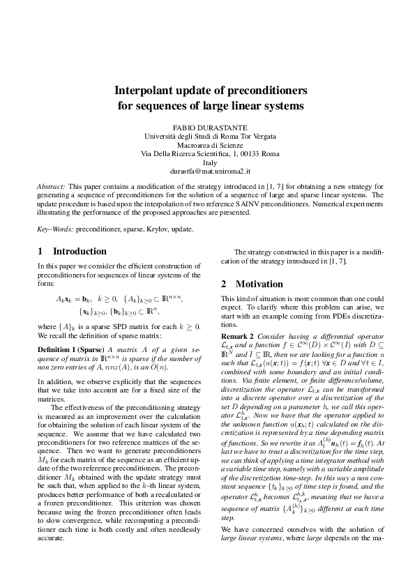 (PDF) Interpolant Update of Preconditioners for Sequences of Large Linear Systems