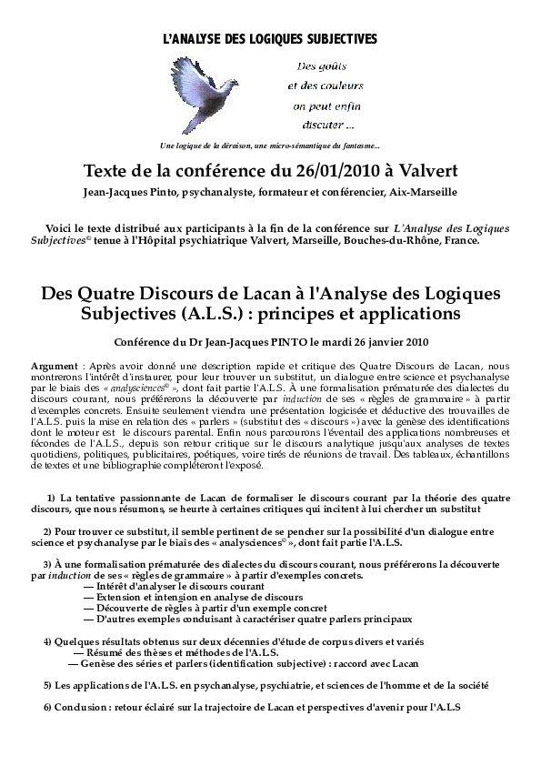 (PDF) "Des Quatre Discours de Lacan à l'Analyse des Logiques ...