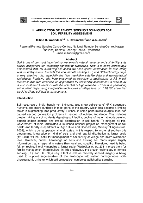 (PDF) APPLICATION OF REMOTE SENSING TECHNIQUES FOR SOIL FERTILITY ASSESSMENT