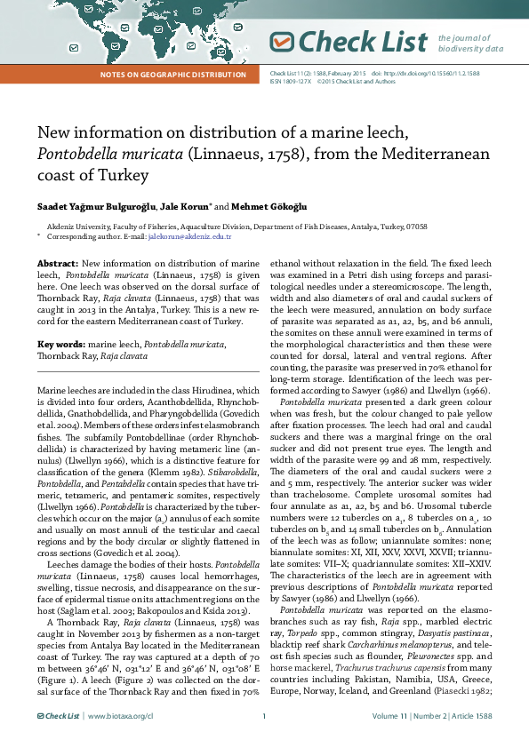 New information on distribution of a marine leech, Pontobdella muricata ...