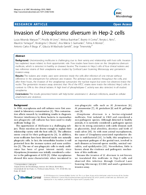 (PDF) Invasion of Ureaplasma diversum in Hep2 cells