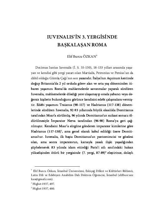 (PDF) ÖZKAN, Elif Burcu, "Iuvenalis'in Üçüncü Yergisinde Başkalaşan ...