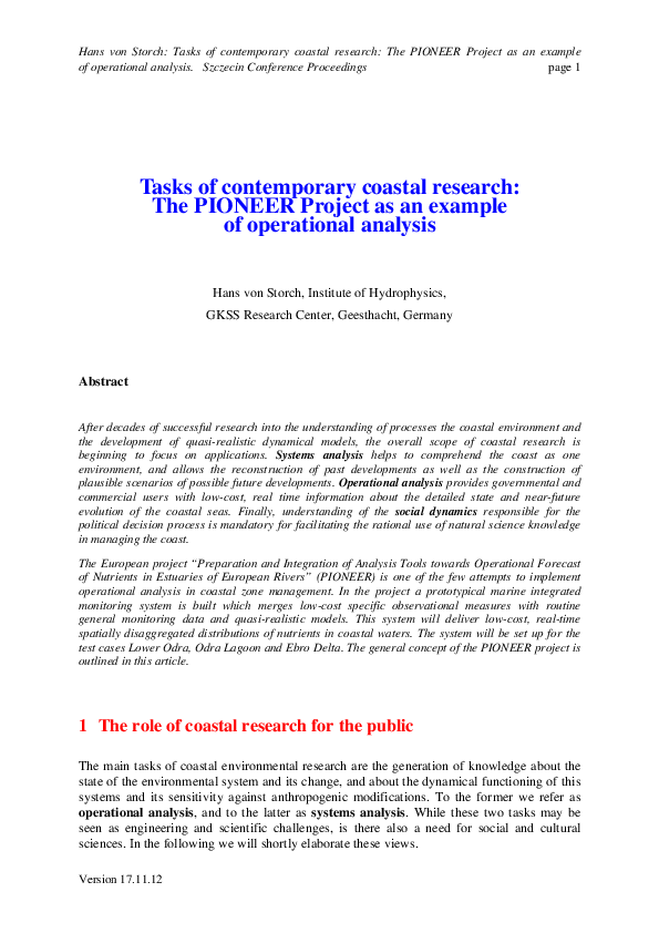 Tasks of contemporary coastal research: The PIONEER Project as an ...