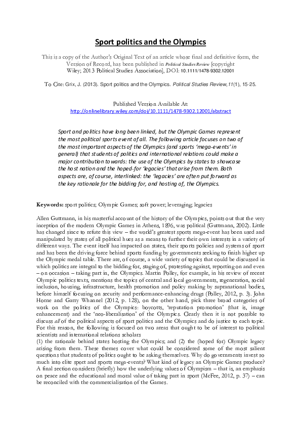 (PDF) (2013) Sport Politics and the Olympics