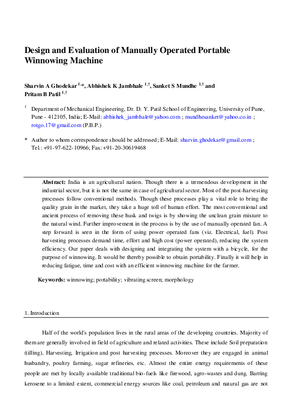 (PDF) Design and Evaluation of Manually Operated Portable Winnowing Machine