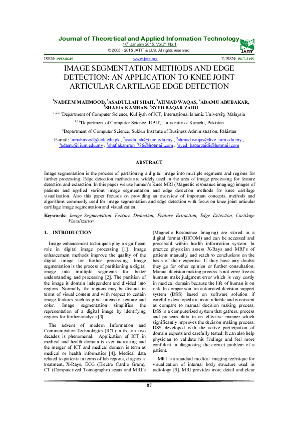 (PDF) IMAGE SEGMENTATION METHODS AND EDGE DETECTION: AN APPLICATION TO KNEE JOINT ARTICULAR ...