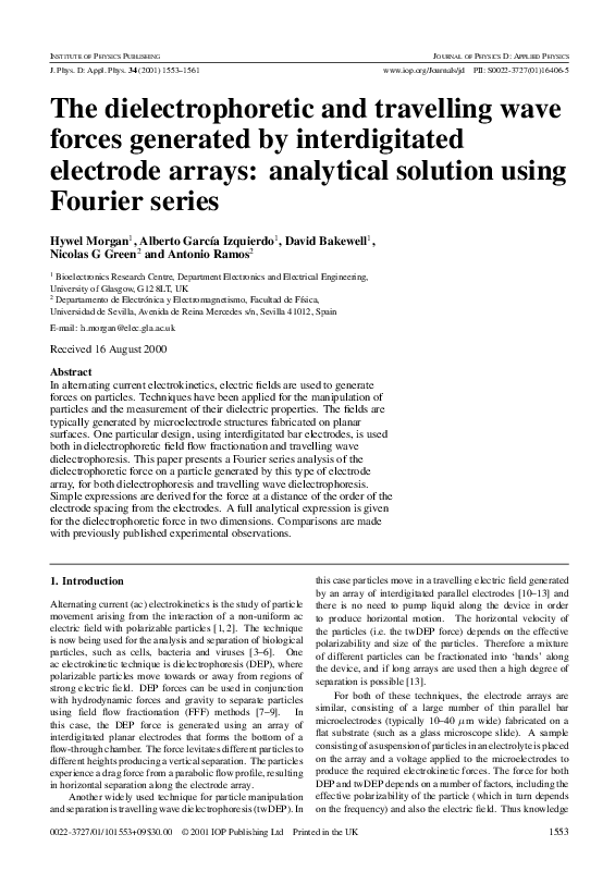Pdf The Dielectrophoretic And Travelling Wave Forces Generated By Interdigitated Electrode