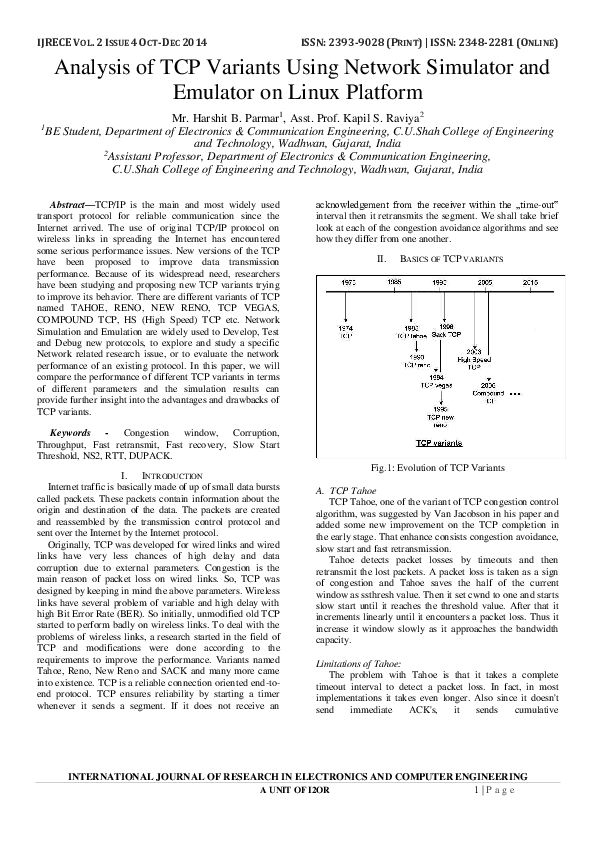 (PDF) Harshit B. Parmar, Kapil S. Raviya, "Analysis of TCP Variants Using Network Simulator and ...