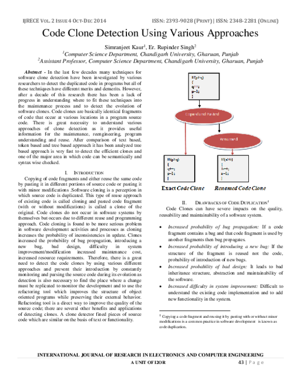 (PDF) Simranjeet Kaur, Rupinder Singh, "Code Clone Detection Using Various Approaches", IJRECE ...