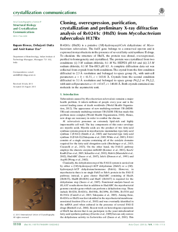 (PDF) Cloning, overexpression, purification, crystallization and ...