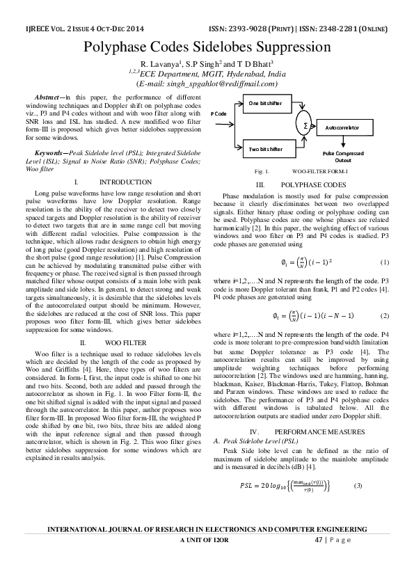 (PDF) R. Lavanya, S.P Singh, T D Bhatt, "Polyphase Codes Sidelobes Suppression", IJRECE Vol. 2 ...