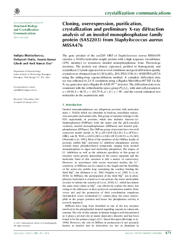 (PDF) Cloning, overexpression, purification, crystallization and ... (PDF) Cloning, overexpression, purification, crystallization and ...