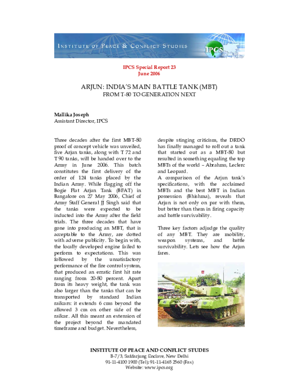 (PDF) ARJUN: INDIA'S MAIN BATTLE TANK (MBT) FROM T-80 TO GENERATION NEXT