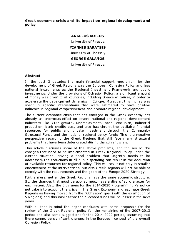 (PDF) Greek economic crisis and its impact on regional development and ...