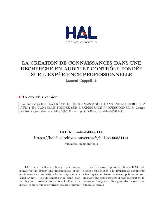 (PDF) LA CRÉATION DE CONNAISSANCES DANS UNE RECHERCHE EN AUDIT ET ...