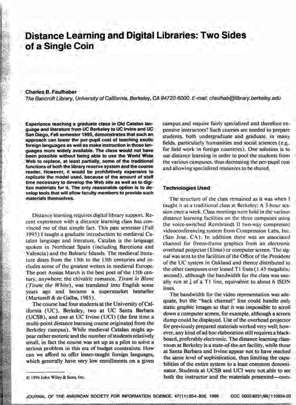 (PDF) Distance Learning and Digital Libraries: Two Sides of a Single Coin